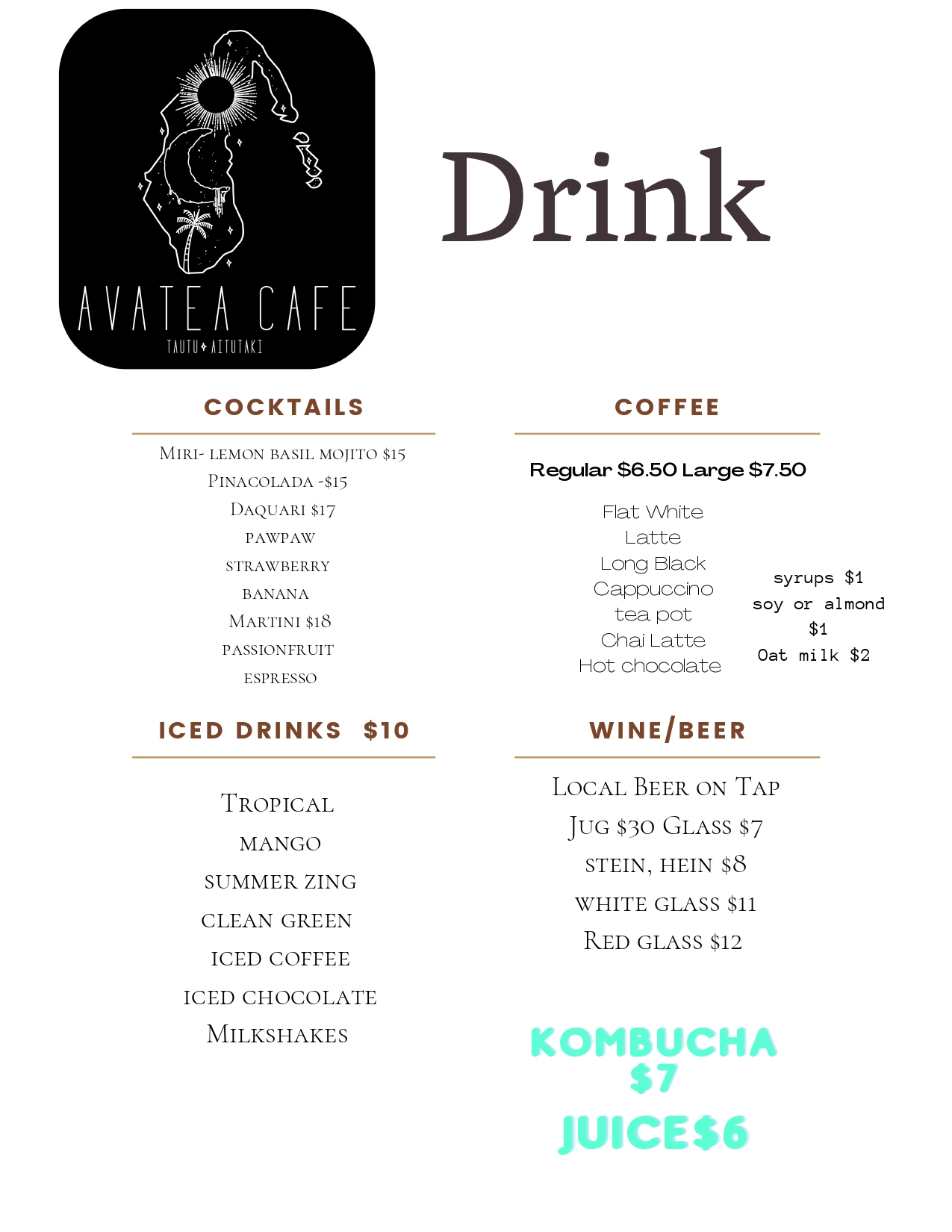 Menu | Avatea Cafe