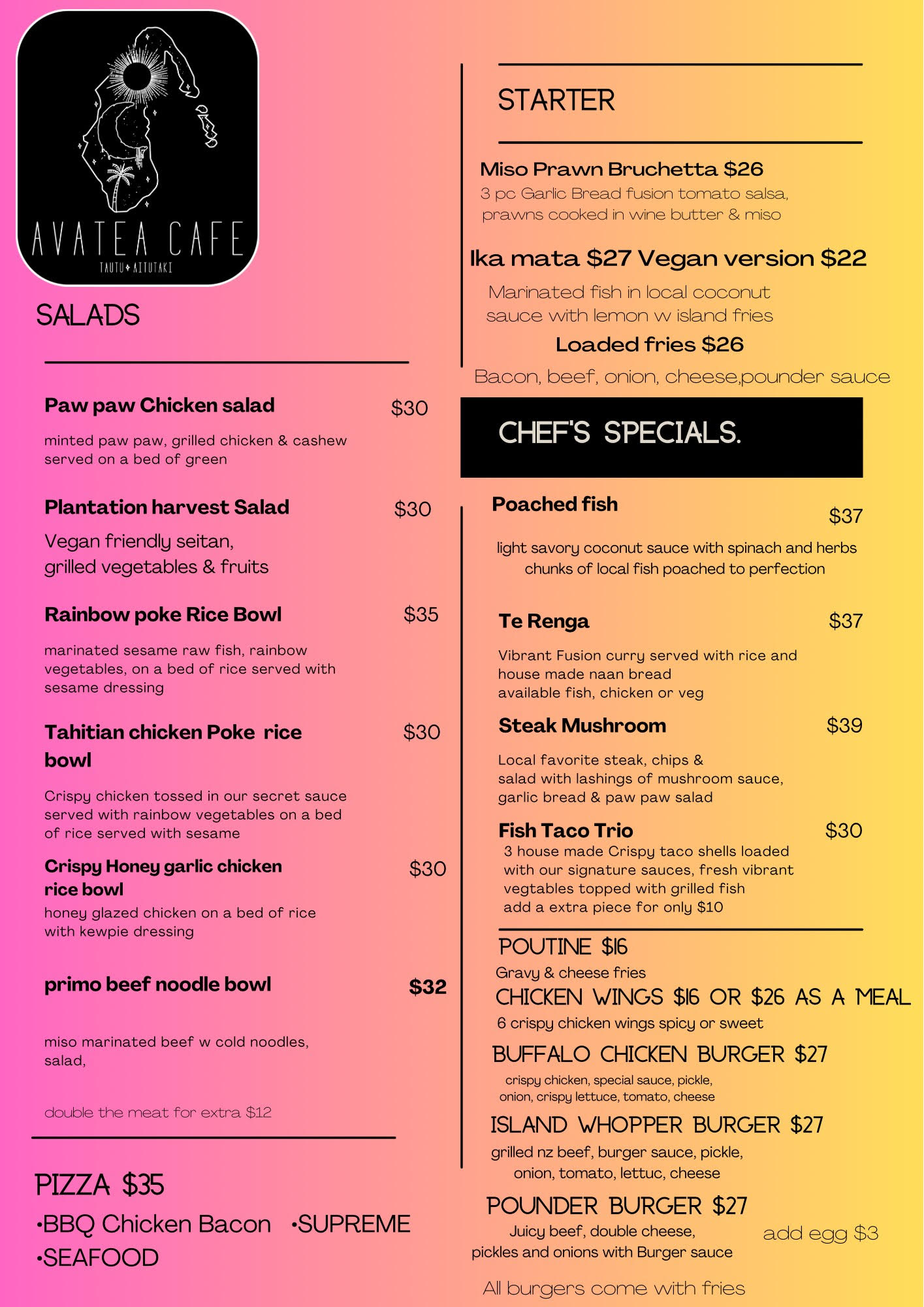 Menu | Avatea Cafe